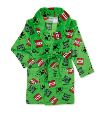Minecraft Allover Print Boy's Green Plush Self-Tie Belt Robe Bath Robe ...