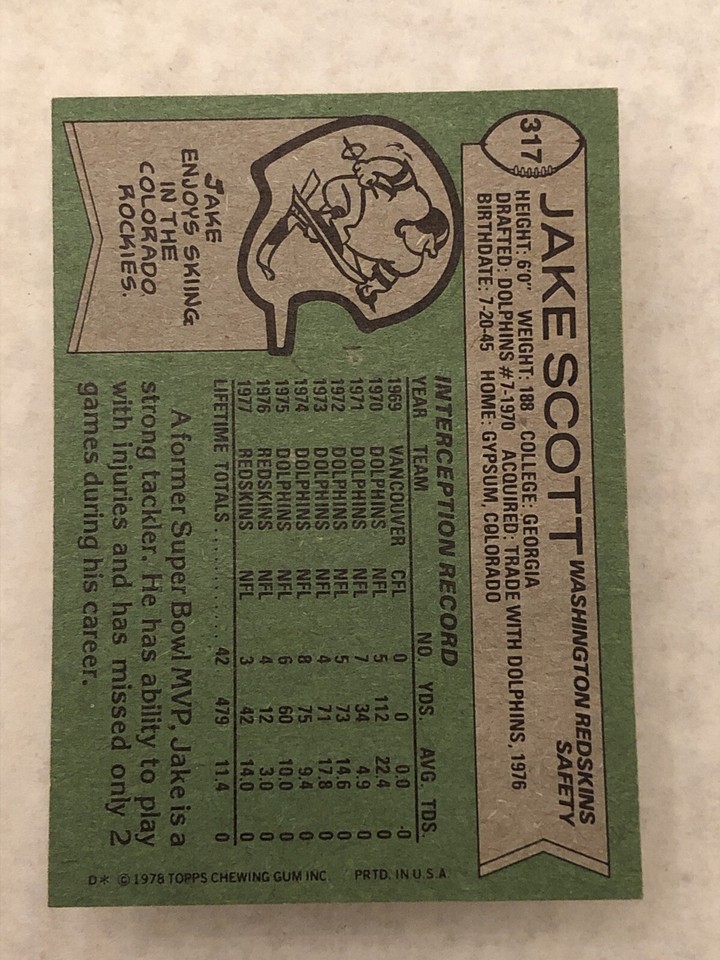 1978 TOPPS JAKE SCOTT #317 WASHINGTON REDSKINS FOOTBALL CARD | eBay
