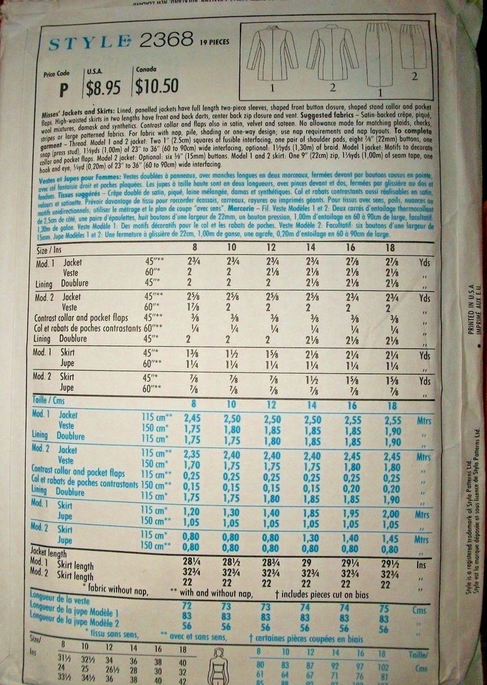 Ms Style 2368 Pattern Shape Front Jacket Pencil Skirt UNCUT Sz 8-10-12 ...