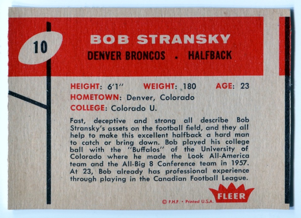 1960 Fleer CHRIS BURFORD RC Dallas Texans Rare Error BOB STRANSKY #10 ...