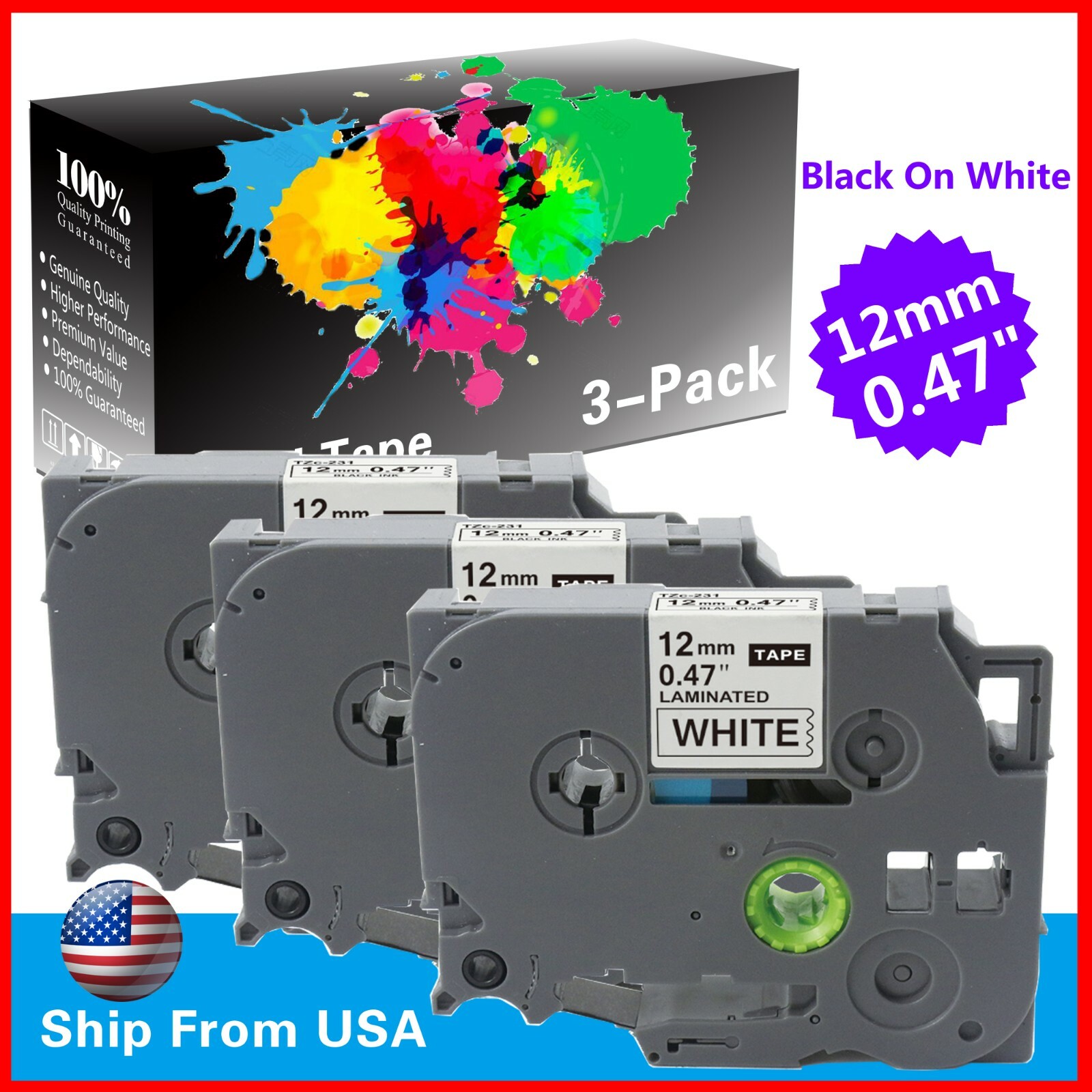 3 PK TZe231 TZe-231 Label Tape Used for P-touch PT-D200G PT-D210(Black ...