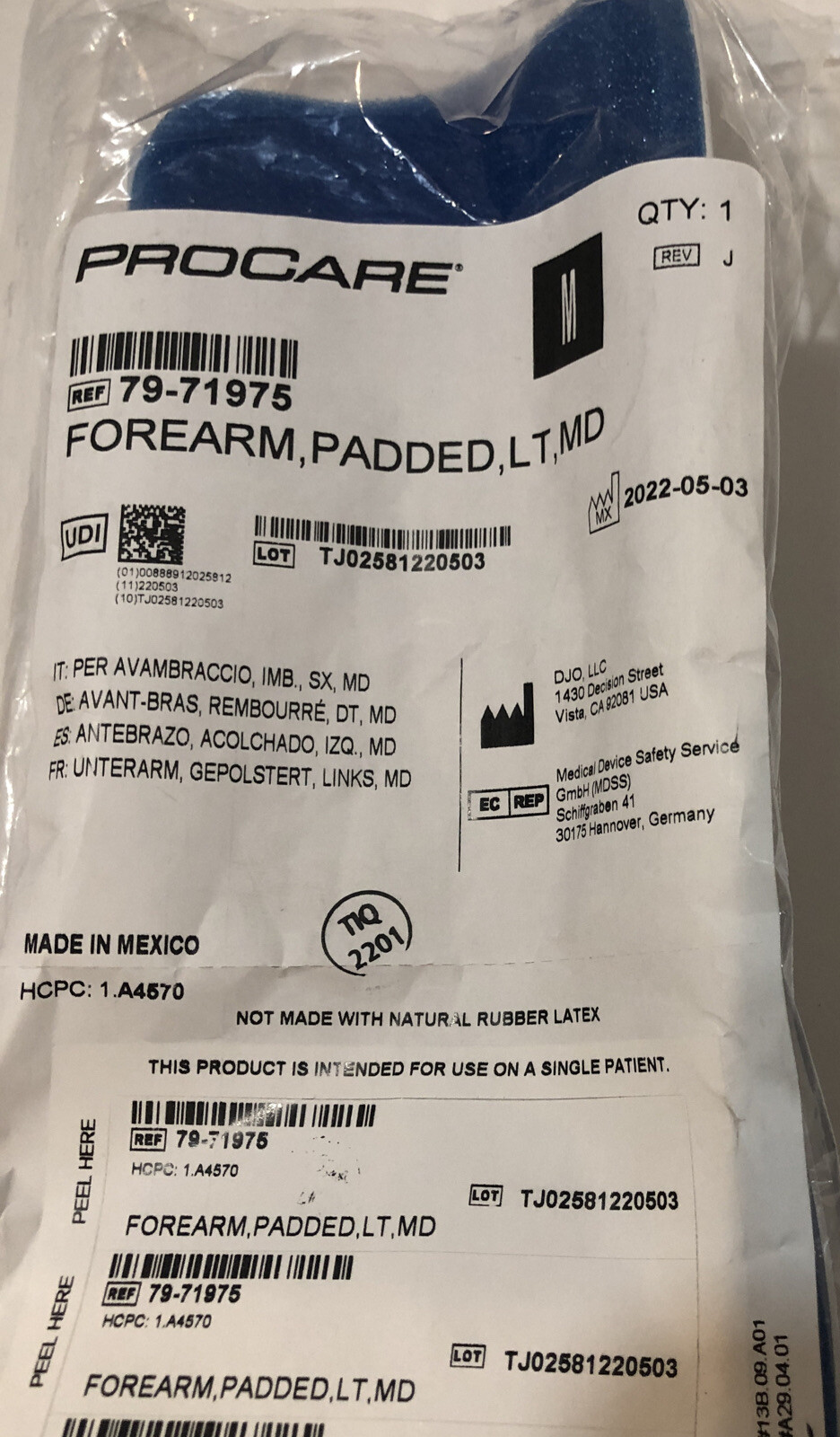 Procare Hand/Wrist/Forearm/Elbow Splint Left Hand Medium New | eBay