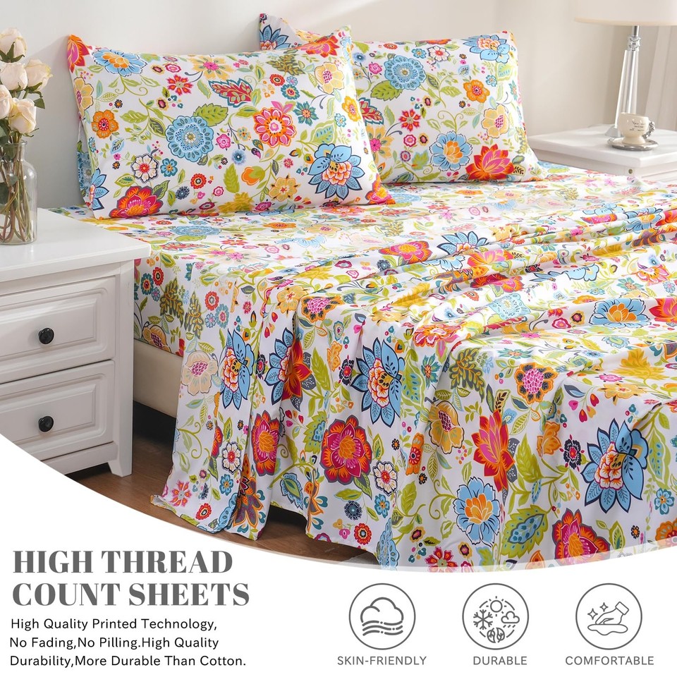 Queen Sheet Set Ultra Soft Breathable Silky Flower Bed Sheets Deep ...