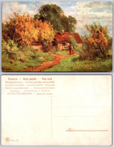 Autumn Cottage Country Lane Woman Postcard | eBay