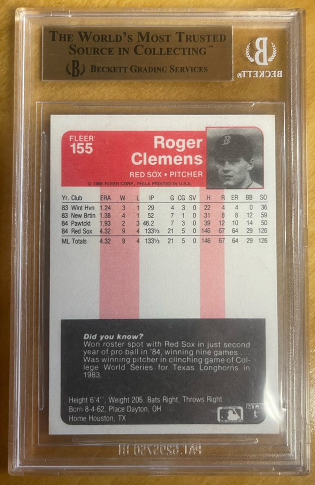 (1) 1985 Fleer Roger Clemens #155 Rookie Card, BGS 9.5 GEM MINT! | eBay