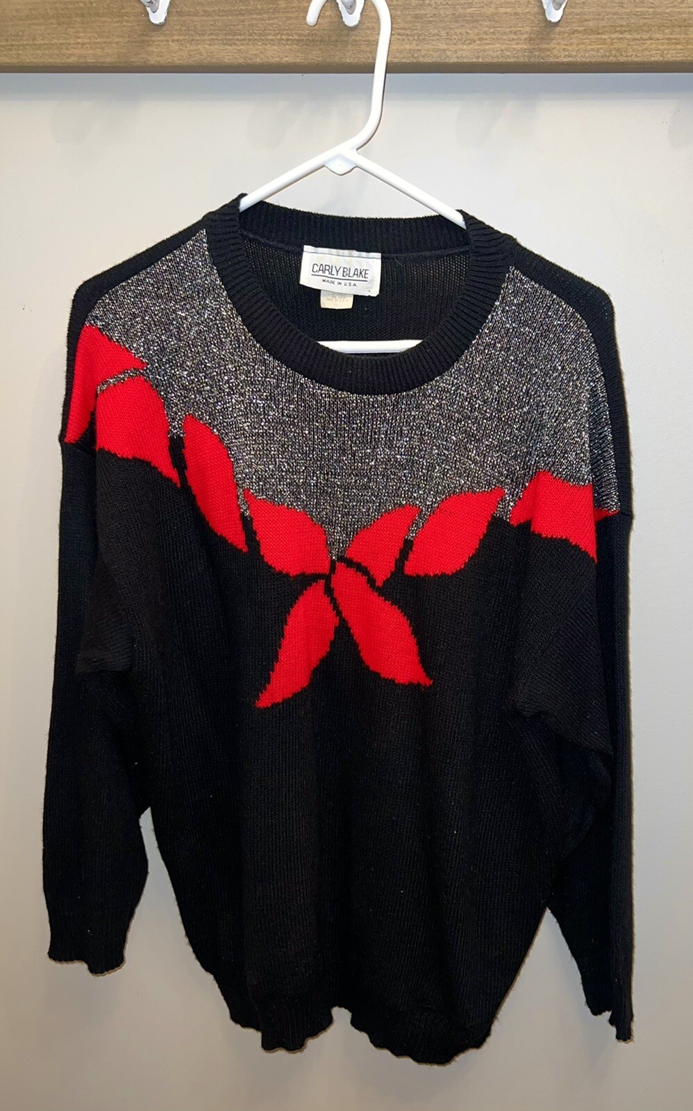 Carly Blake Black Red Sparkle Metal Glitter Knit Sweater Round Neck ...
