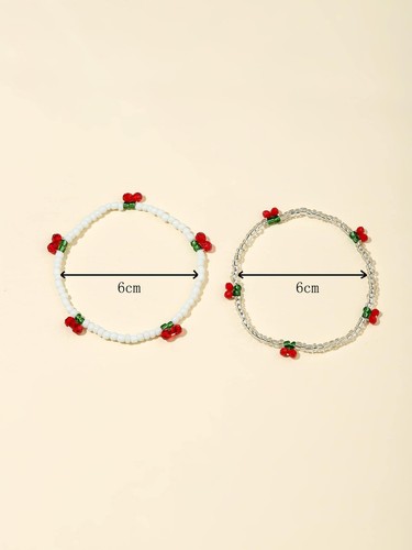 2pcs Cherry Decor Beaded Bracelet Boho Style Crafted Small Beads Design ...