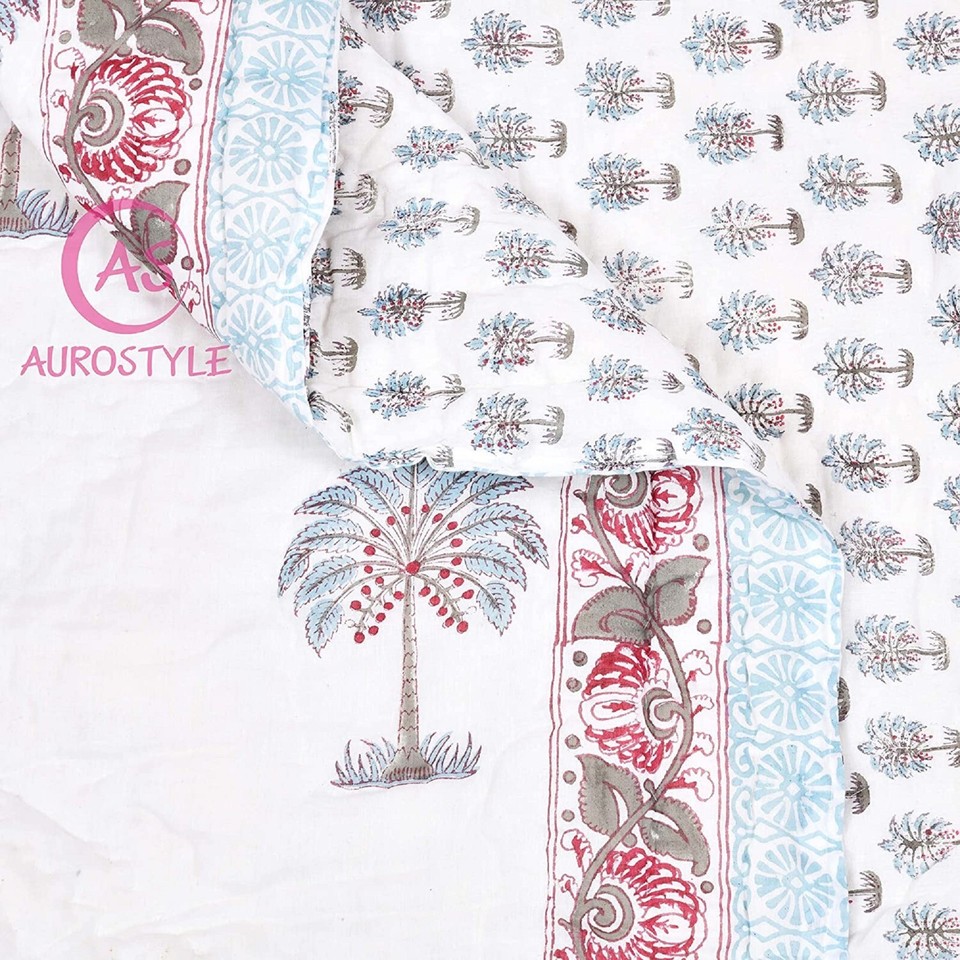 Indian Handmade Bedding Quilt Block Print Jaipuri Razai Cotton Quilted ...