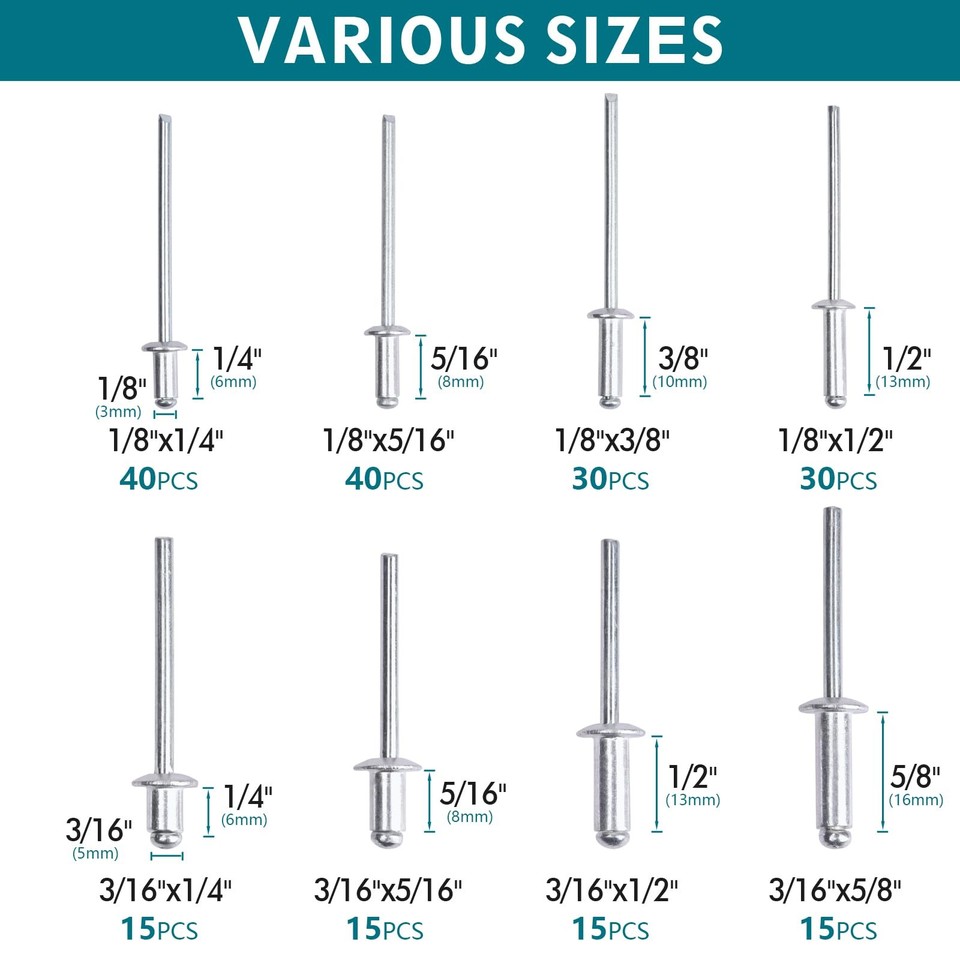 Pop Rivets Assortment Kit - 200 Pcs Aluminum Blind Rivets,8 Sizes ...