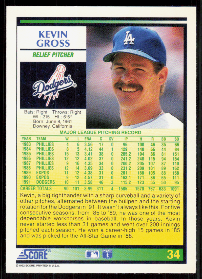 1992 Score - #34 Kevin Gross for sale online | eBay