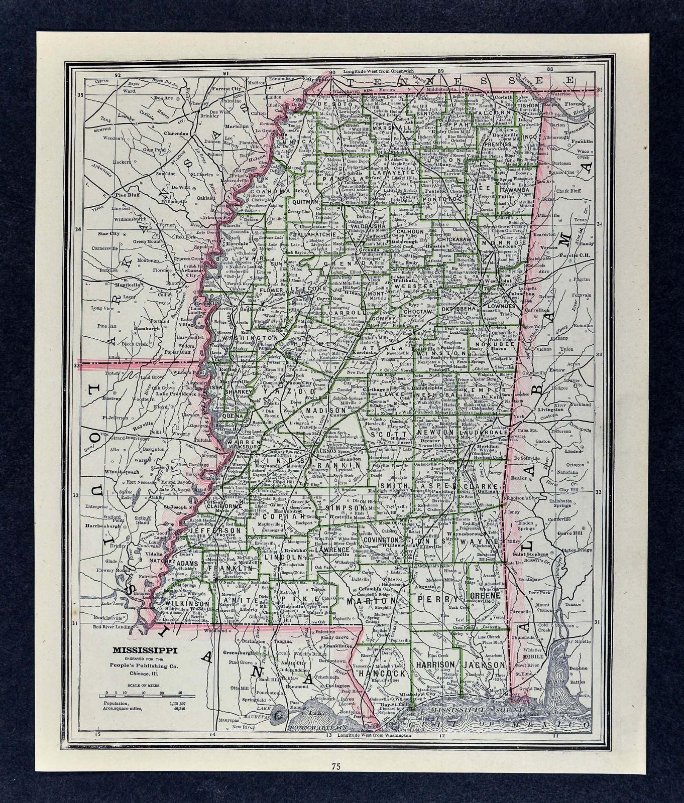 c 1885 Cram Map Mississippi Biloxi Jackson Vicksburg Oxford Natchez ...