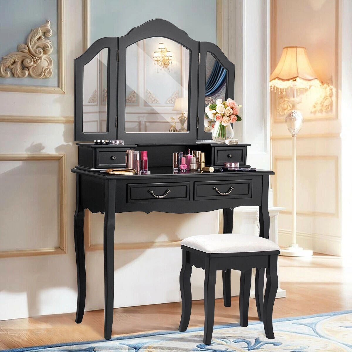 Makeup Table And Stool Black