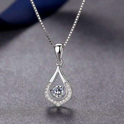 925 Sterling Silver Crystal Water Drop Pendant Necklace Women Girls ...