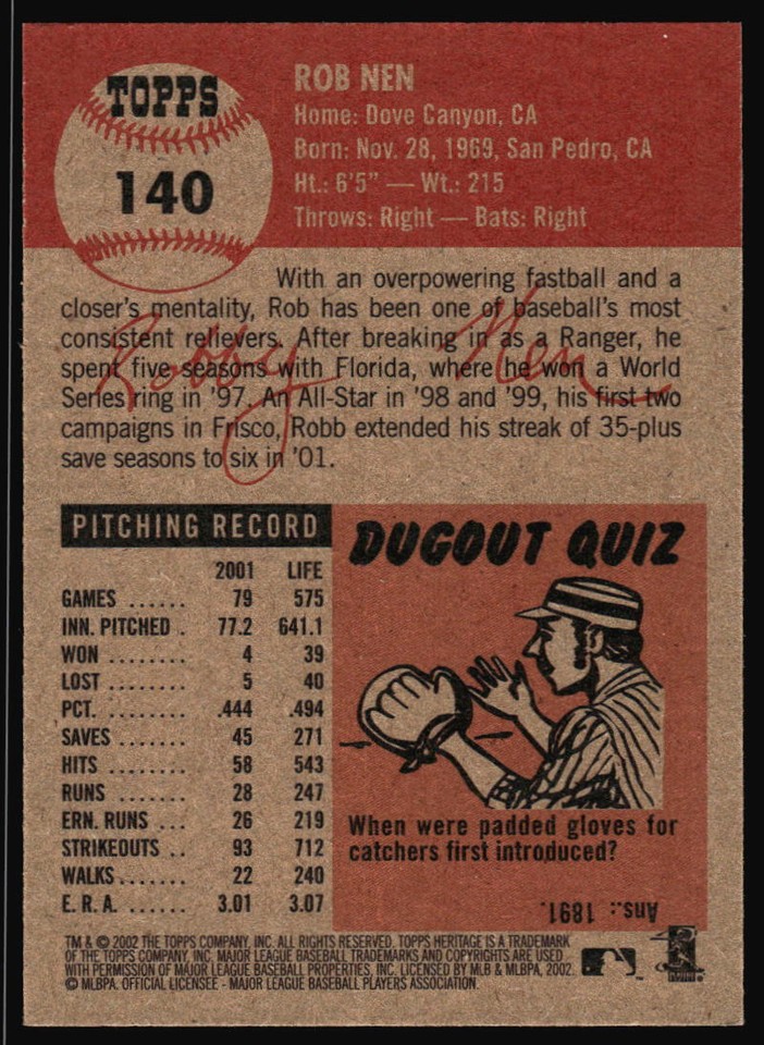 2002 Topps Heritage Robb Nen #140 San Francisco Giants | eBay