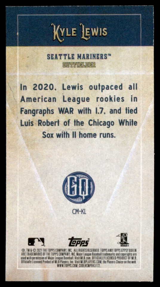 Kyle Lewis 2021 Topps Gypsy Queen Captain Mini Insert Card ! #CM-KL ...