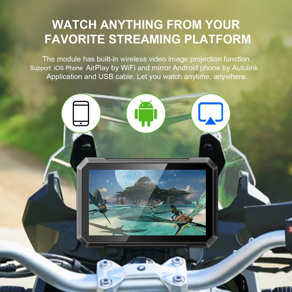 7" Motorcycle GPS Navigator Waterproof Navigation Wireless CarPlay ...