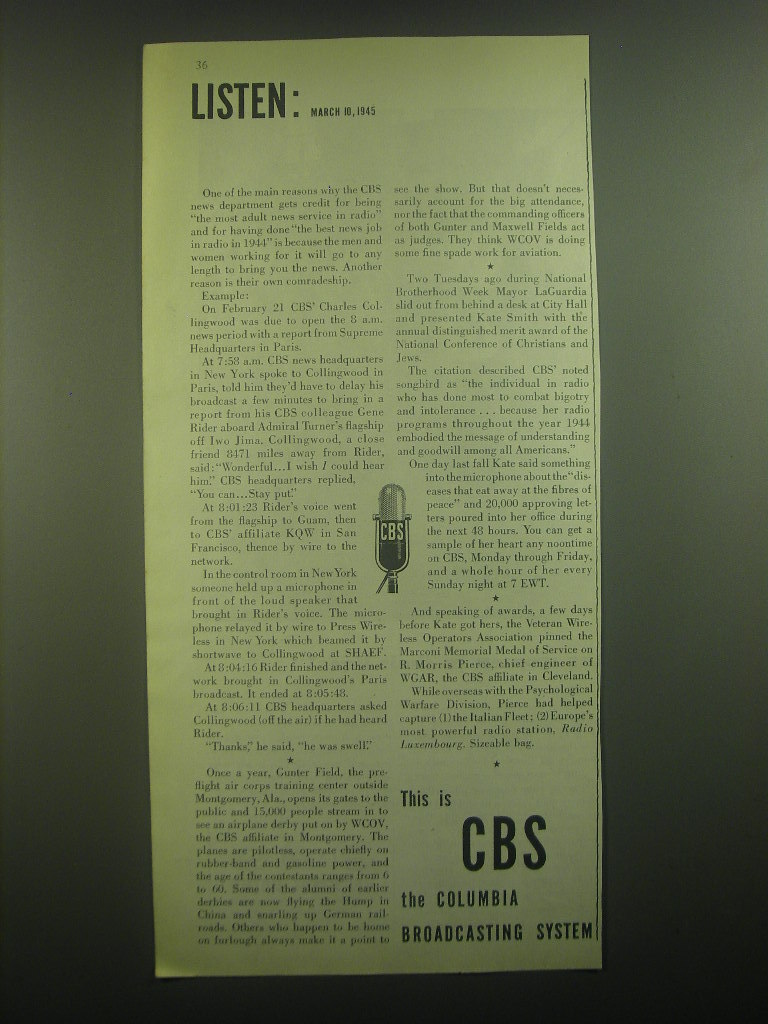 1945 CBS Columbia Broadcasting System Ad - Listen: March 10, 1945 | eBay