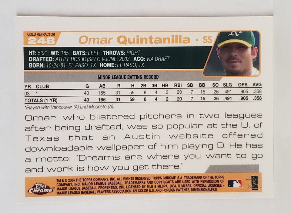 2004 Topps Chrome Gold Refractors #248 Omar Quintanilla FY RC Oakland ...