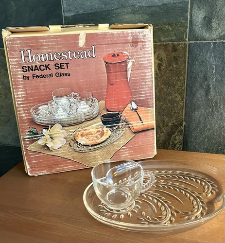 Federal Glass Homestead Snack Set Original Box Wheat Design-Set for 4 ...