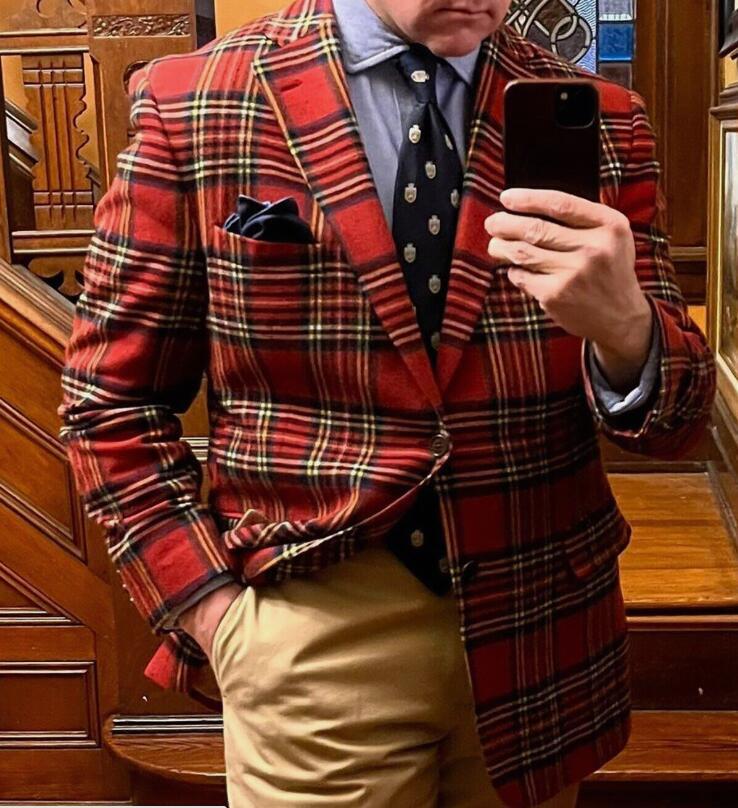 Red Mens Plaid Jacket Vintage Blazers Classic Business Casual Prom ...