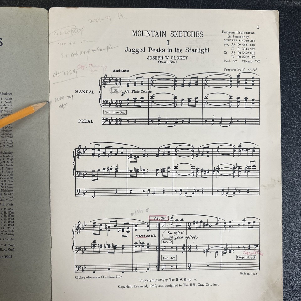 Joseph W Clokey Mountain Sketches for Organ Sheet Music H.W. Gray Co ...