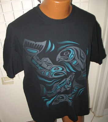 NATIVE NORTHWEST - XL - SALMON PRINT- BLACK/BLUE - COTTON SHORT SLEEVE ...