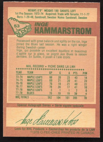 1978-79 O-Pee-Chee #53 Inge Hammarstrom St. Louis Blues NR-MINT PACK ...