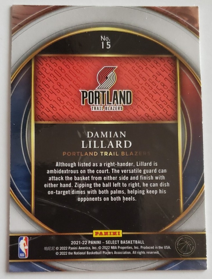 2021-22 Panini Select Numbers Damian Lillard Portland Trail Blazers #15 ...