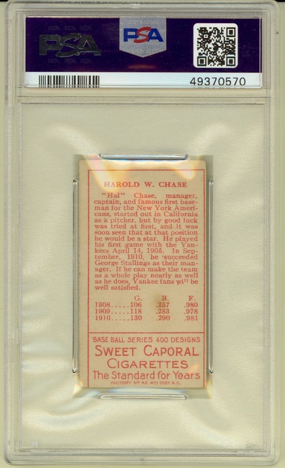 1911 T205 Gold Border Hal Chase Both Ears Border Extends Yankees PSA EX ...
