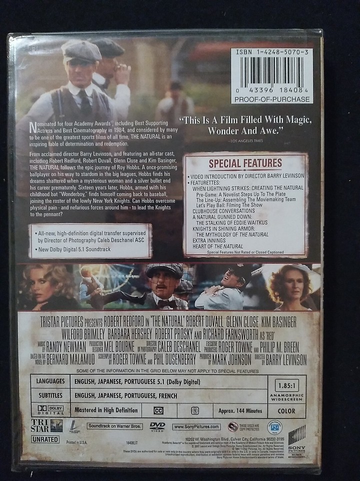 The Natural DVD Robert Redford, Glenn Close (1984) Brand New & Factory ...
