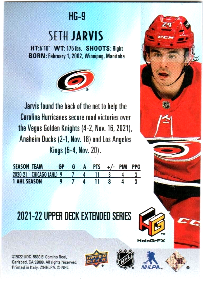SETH JARVIS RC 21-22 HOLOGRFX ROOKIE CARD # HG-9 UD EXTENDED SERIES ...