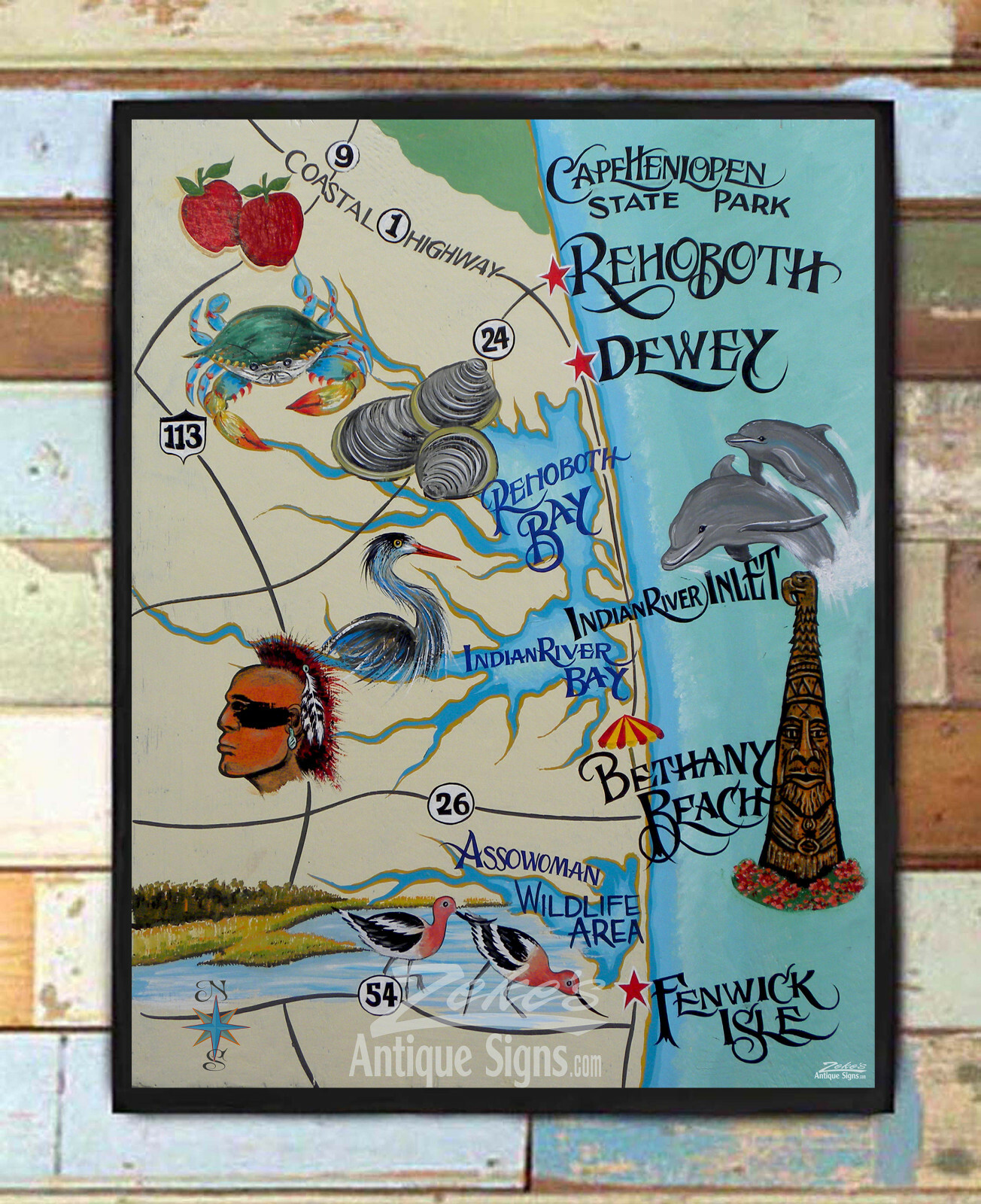 Delaware Beaches Map style Print decor lewes vintage style bethany ...