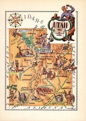 1950s Vintage Utah Picture Map Utah State Map Wall Art Decor 1160 | eBay