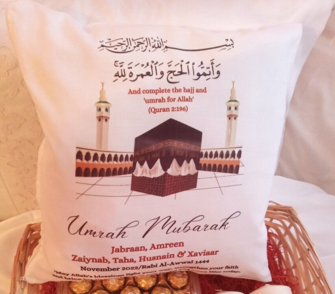 Personalised Hajj/Umrah Mubarak Cushion Candles Gift Hamper Basket Self ...