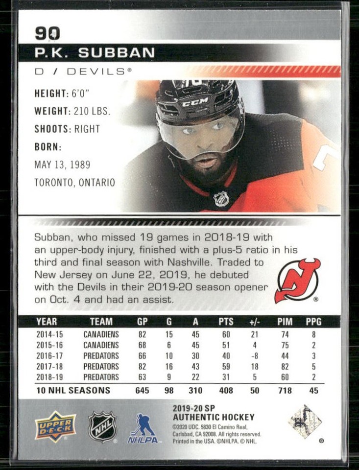 2019-20 SP Authentic #90 P.K. Subban New Jersey Devils Hockey Card | eBay