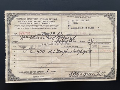 Treasury Department Opium Coca Leaves Opiates Official Order Form 1952 ...