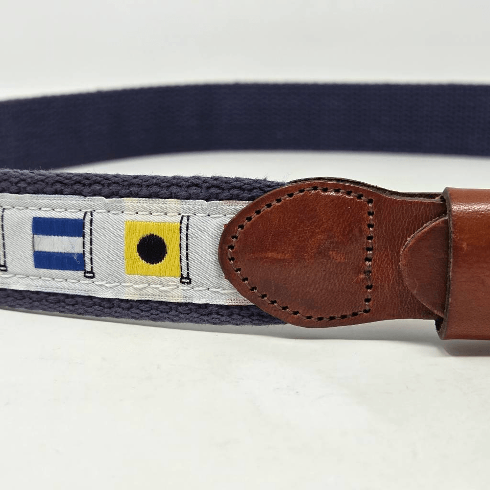 LEATHER MAN LTD. BROWN BELT NAUTICAL FLAGS BRASS BUCKLE HAND MADE SIZE ...