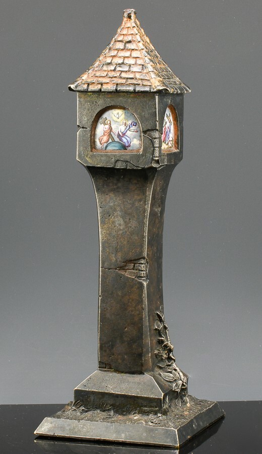 RARE c1910 AUSTRIAN SOLID BRONZE MINIATURE CLOCK TOWER w MICRO ENAMEL ...