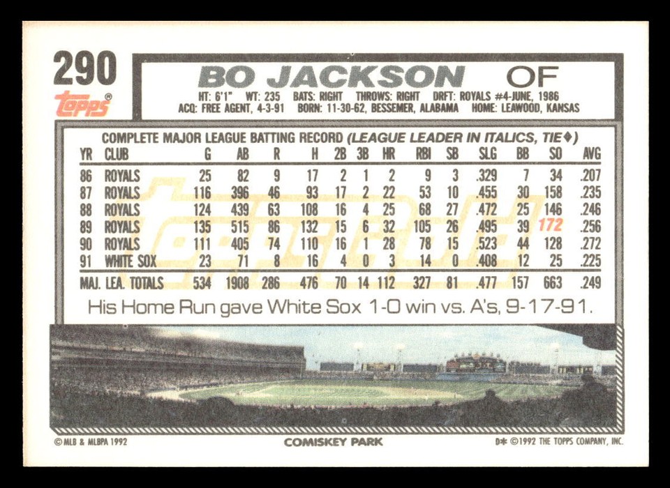 1992 Topps #290 Bo Jackson Gold Winners | eBay