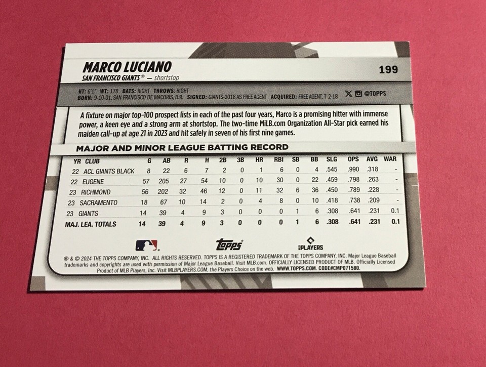 Marco Luciano Rookie 2024 Big League Baseball #199 X Topps Giants | eBay