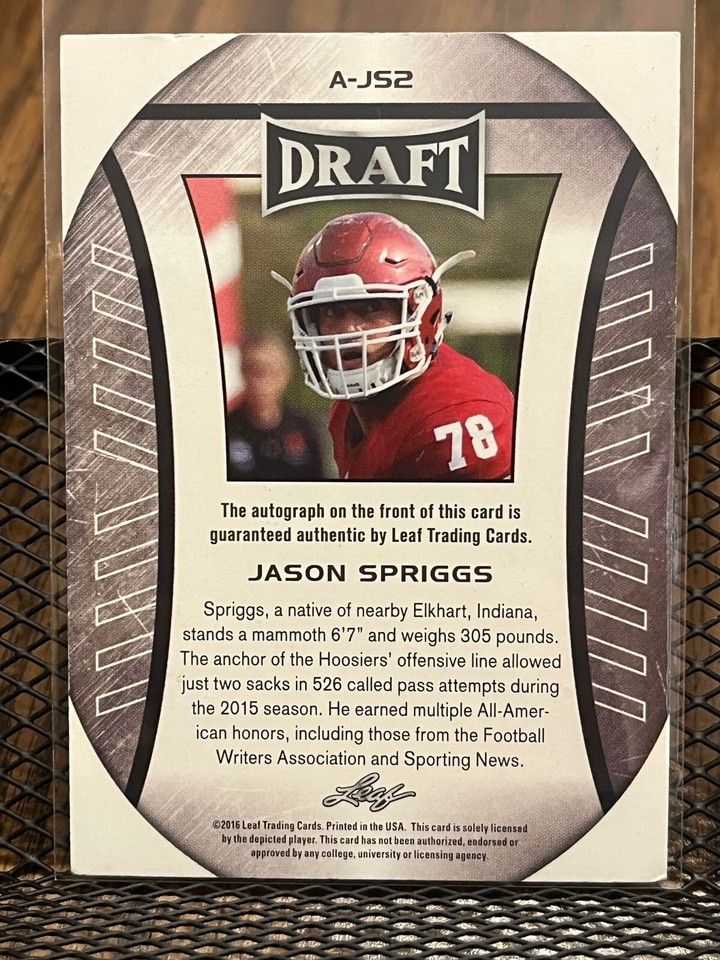 JASON SPRIGGS 2016 LEAF DRAFT ROOKIE INDIANA HOOSIERS AUTOGRAPH AUTO RC ...