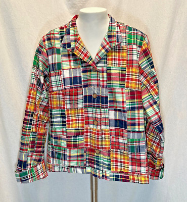 Orvis Jacket Womens Patchwork Plaid Cotton Blazer Button Front Pockets ...