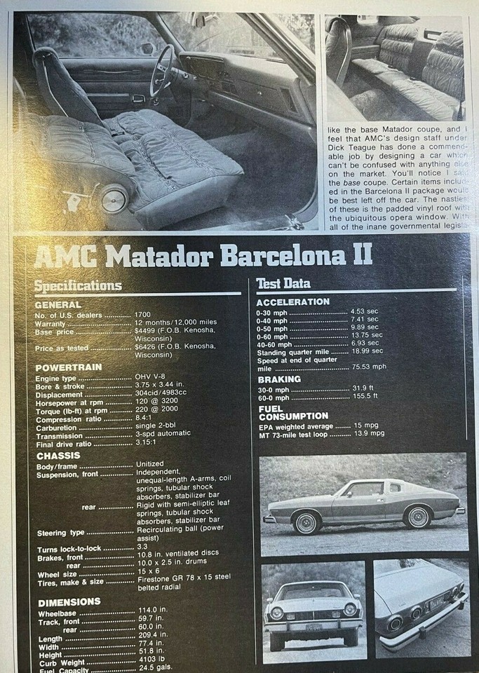 1977 Road Test AMC Matador Barcelona II illustrated | eBay