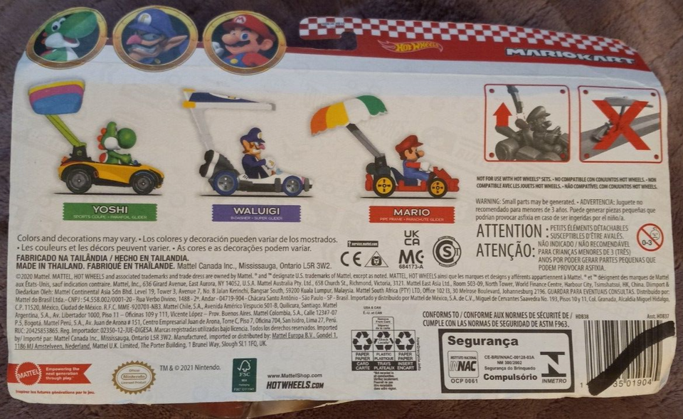Mattel Hot Wheels Mario Kart 3 Pack -YOSHI, WALUIGI & MARIO Damaged Box ...