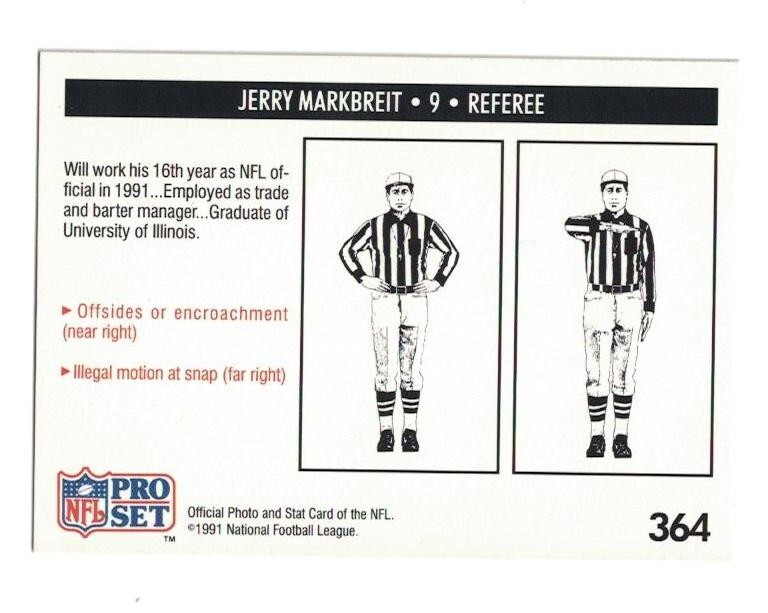 Jerry Markbreit Signed Autographed 1991 Pro Set Card NFL Referee Rare ...