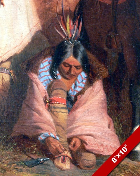 NATIVE AMERICAN INDIAN TYING MOCCASIN SHOES PAINTING ART REAL CANVAS ...