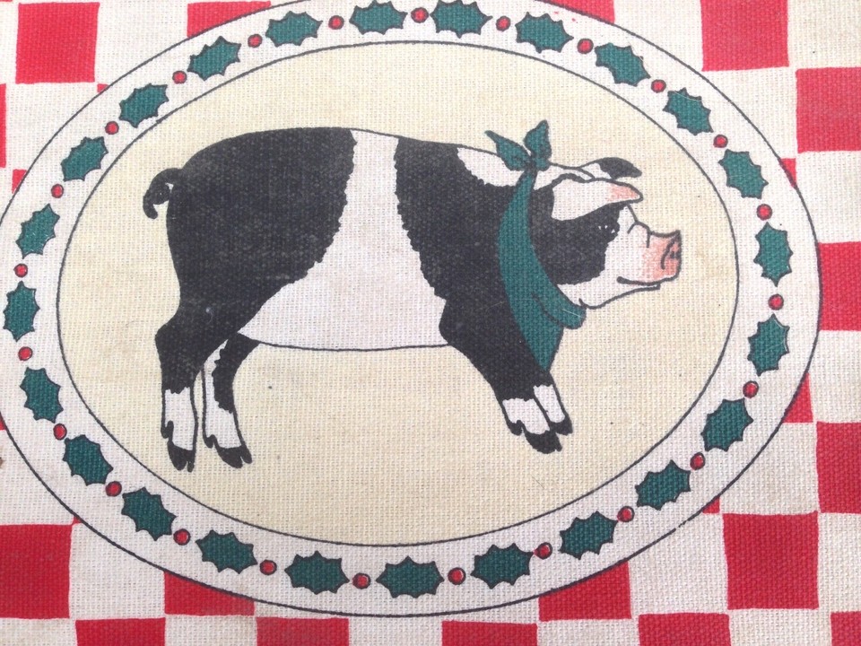 9.75" x 11" Fabric Holiday Panel Black/White Pig Holly Red/White ...