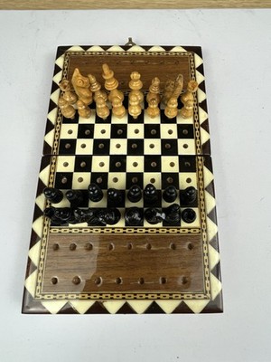 Vintage Folding Travel Peg Chess Set – Wood & Inlay 8”x5” Complete ...