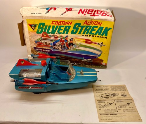 1967 IDEAL CAPTAIN ACTION SILVER STREAK w/ box, rocket launchers ...