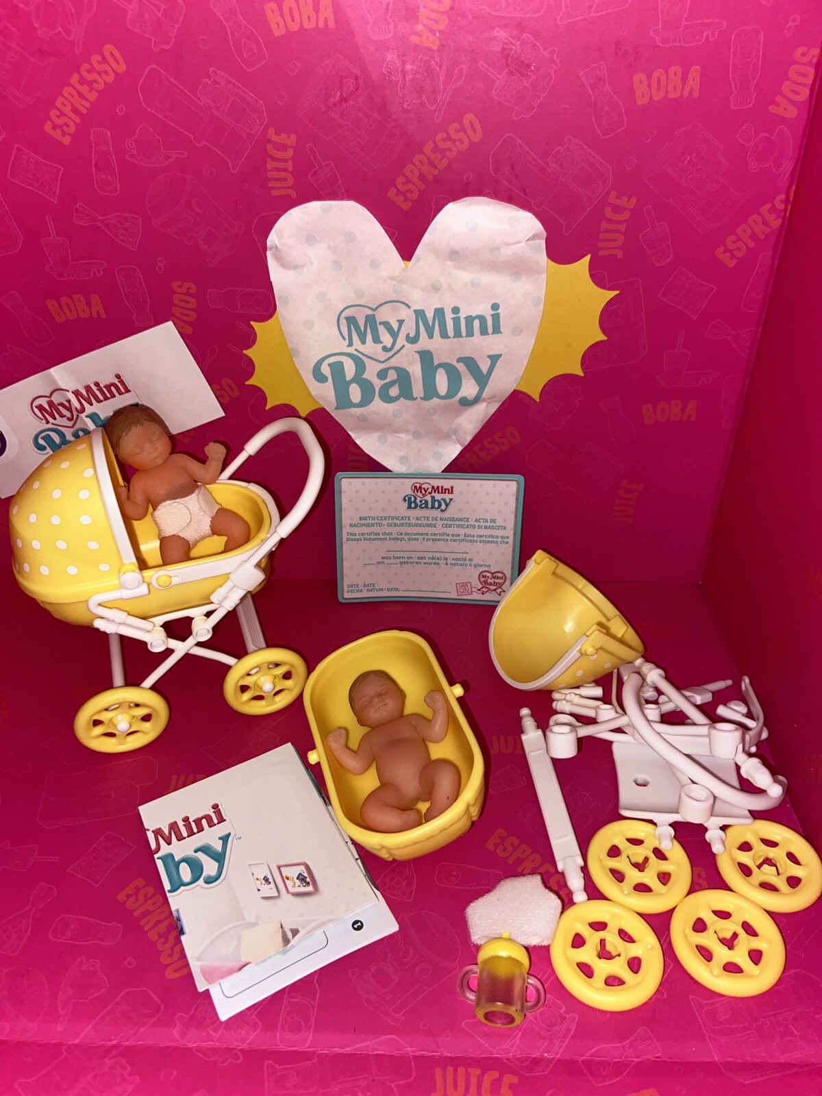 Rare!!! 3 Babies zuru my mini baby Yellow set Of 3 Crib, Pram&changing ...